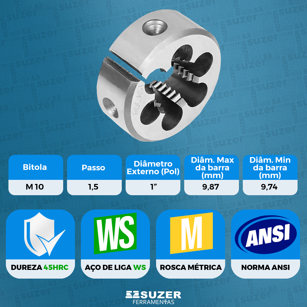 Cossinete Manual Aço Liga Ws M10 X1.5 Rosca Métrica Grossa - suzer