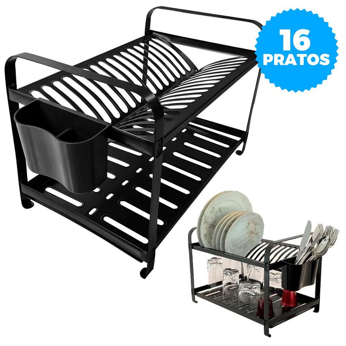 Escorredor de Louça 16 Pratos Aço Inox Preto Não Enferruja - Couraça ...