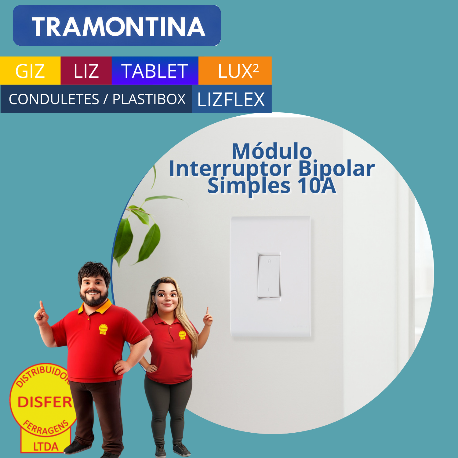 Módulo Interruptor Bipolar Simples 10A 250V Branco LIZ - Tramontina - Disfer