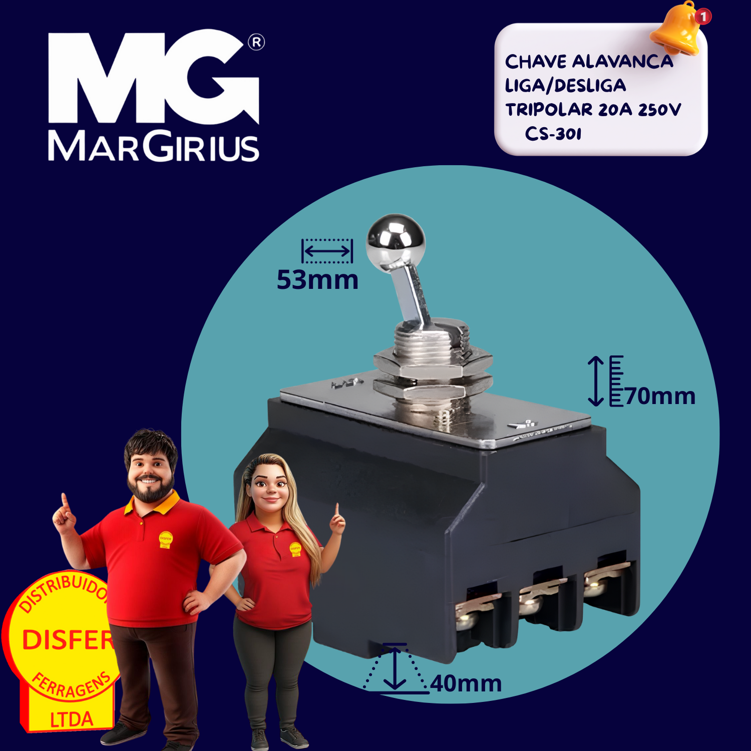 Chave Interruptor Alavanca Liga/Desliga Tripolar 20A 250V CS - Disfer