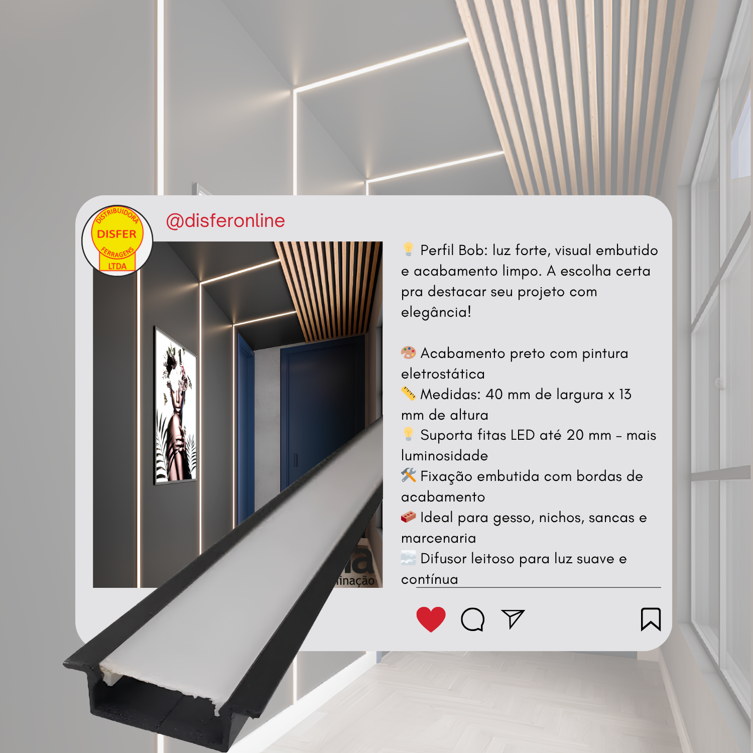 Perfil de Embutir Bob 40x13 - 1 Metro - Preto – Usina Design - Disfer