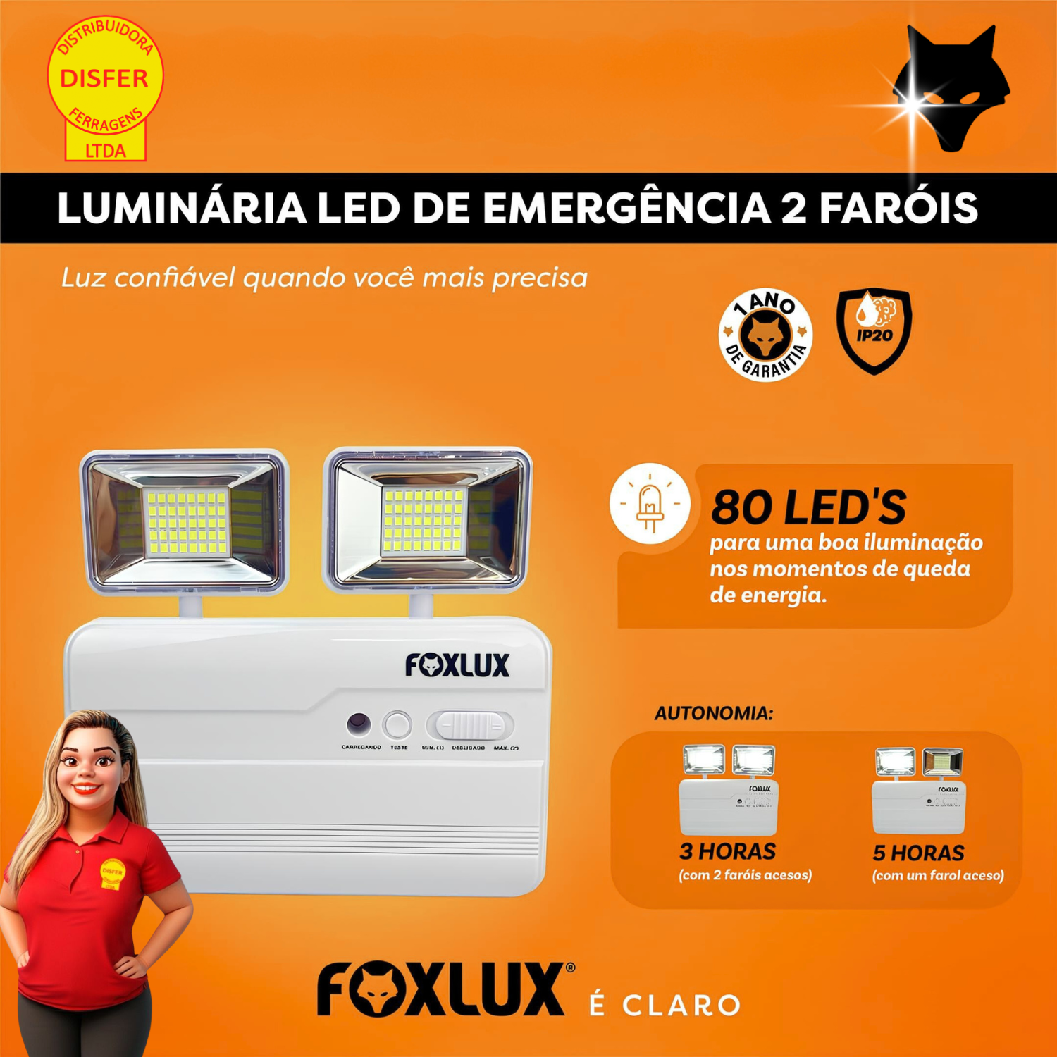 Luminária de Emergência 2 Faróis 80 Leds 8W Bivolt – Foxlux - Disfer