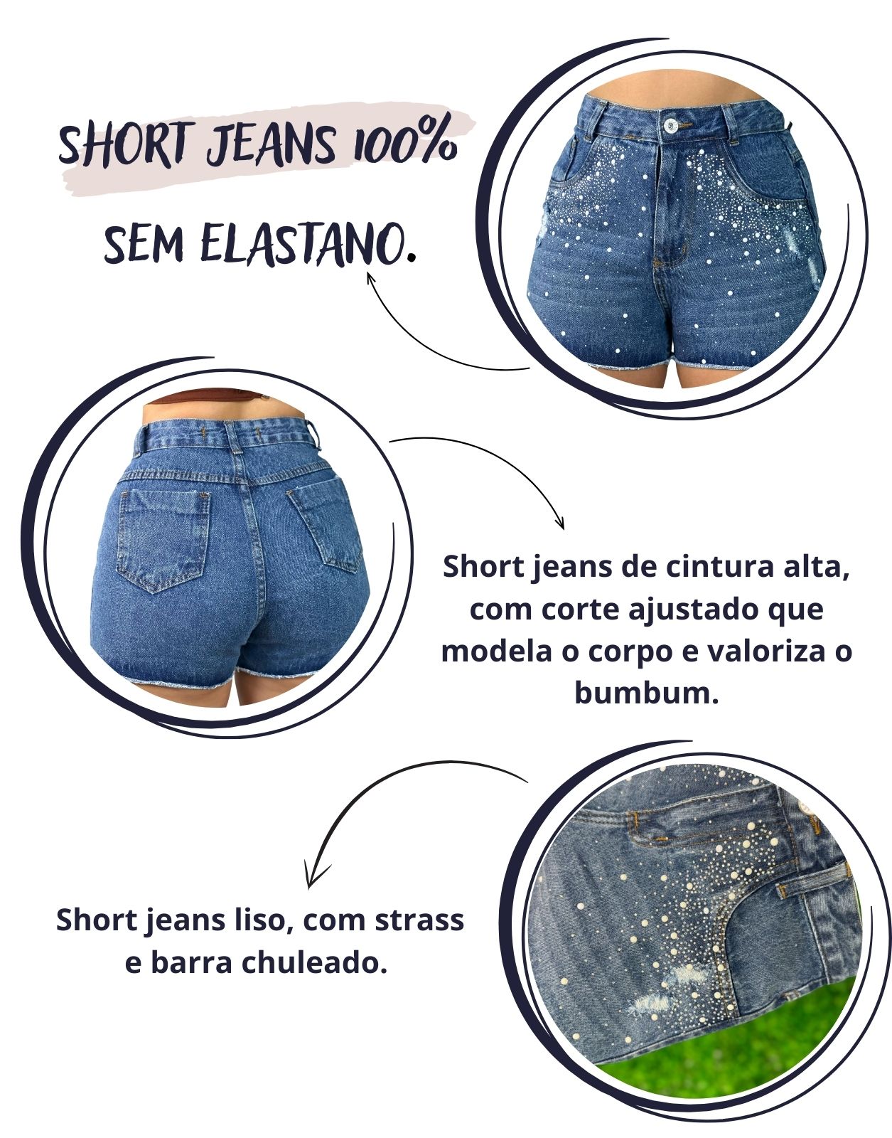 Short Jeans Tradicional Com Strass Barrinha Costurada - Mademoiselle Modas