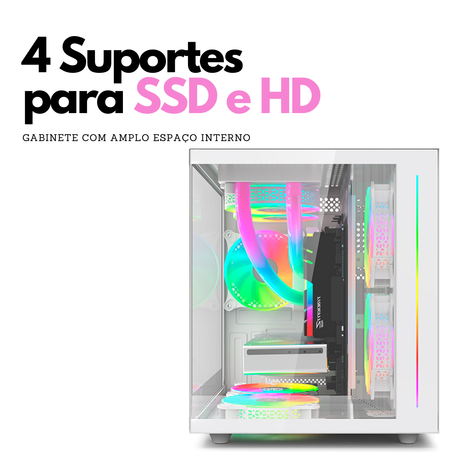 Gabinete Aquário Gamer Branco C/ Laterais em Vidro 810 C3 Tech - Revo ...