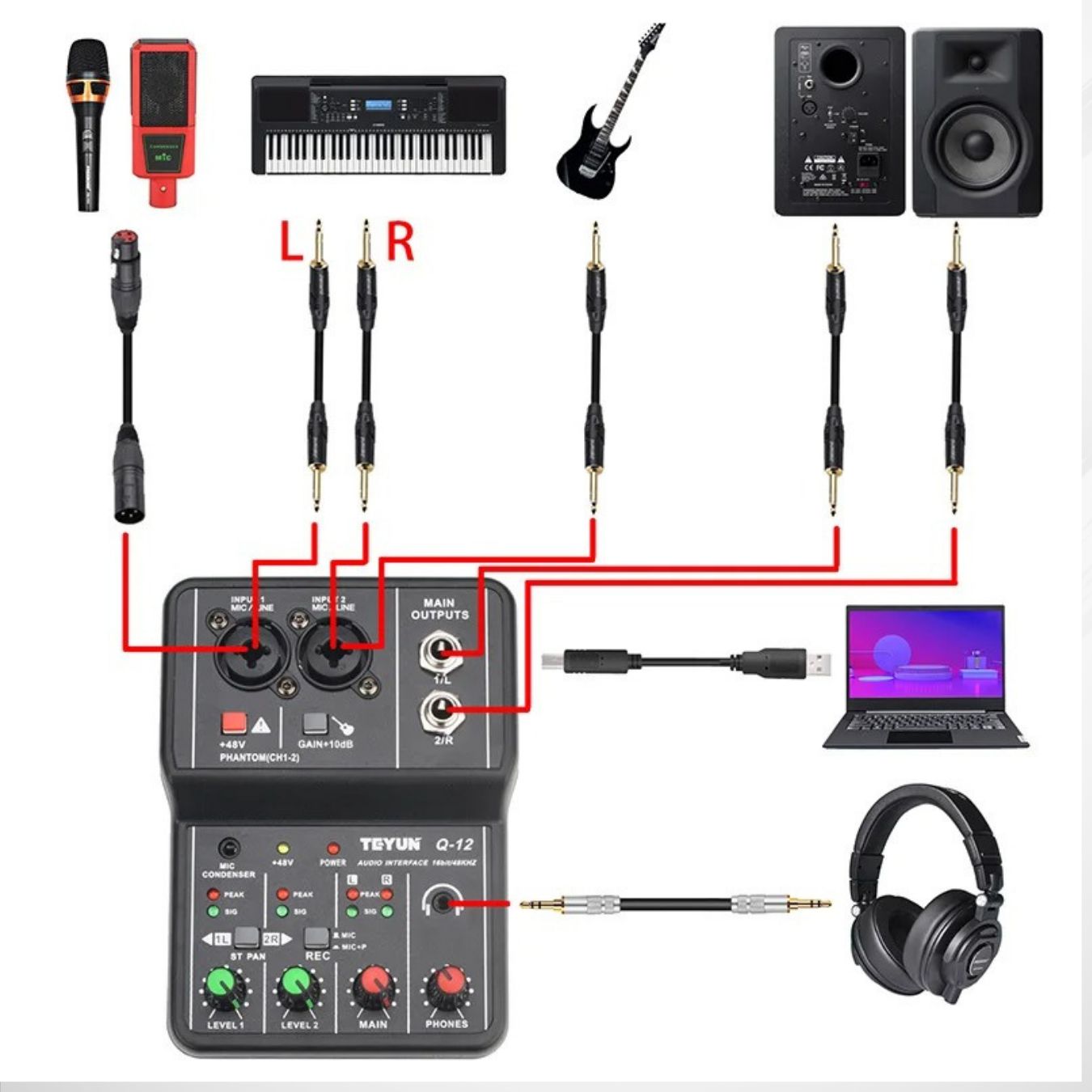 Mesa Mixer Placa De Som Teyun Q-12 Interface De Audio Usb Pc - Blutu ...