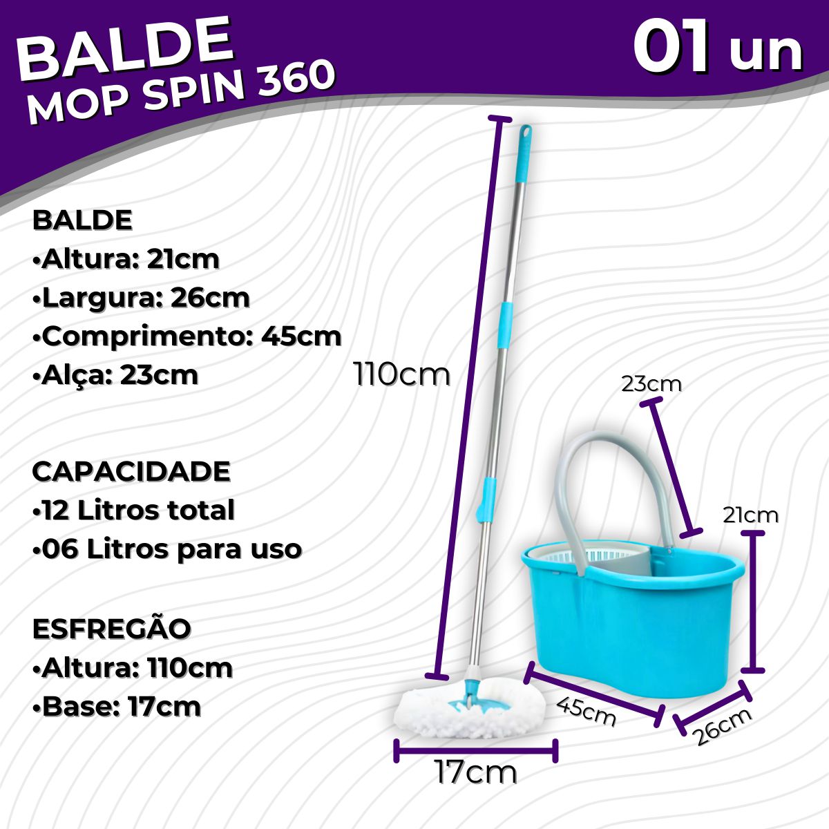 Balde Spin Mop 360 Giratório Com Esfregão 6 Litros 123útil - Union Commerce