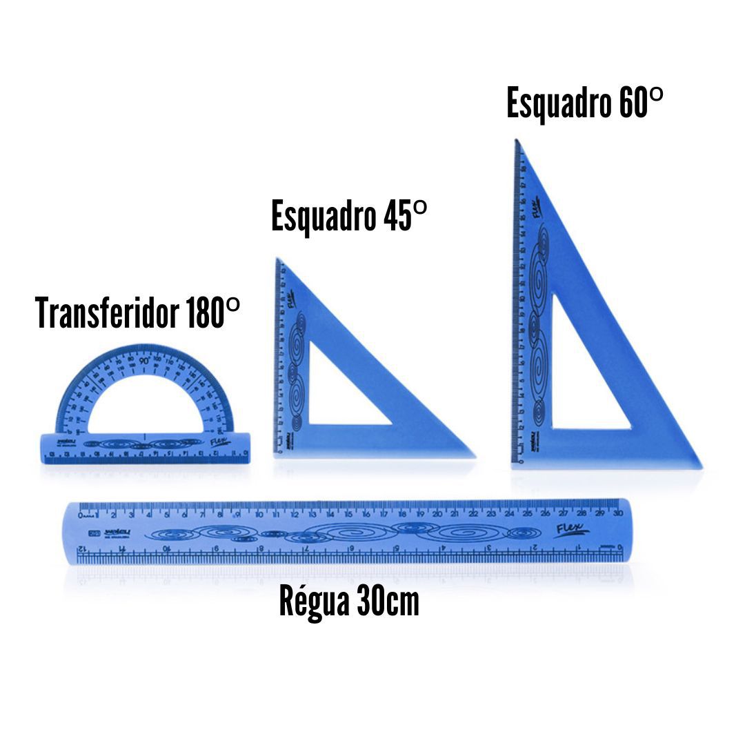 Kit Régua, Esquadros e Transferidor Flexível Waleu 4 peças - papmoderna