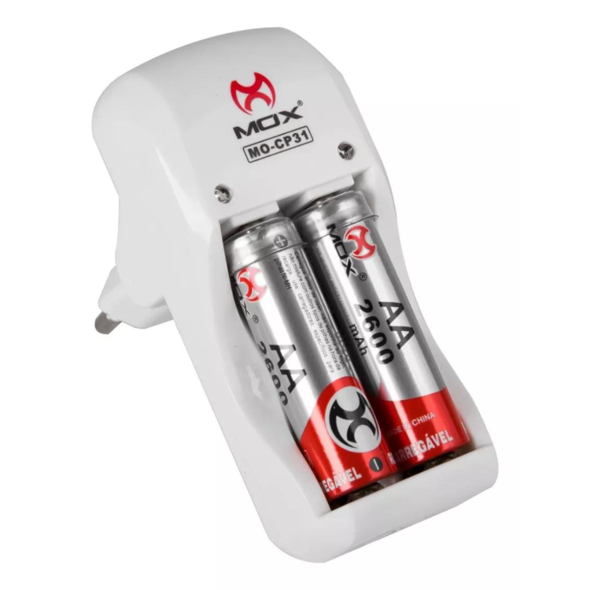 Kit 2 pilhas AA 2600 mah + Carregador Auto Stop Mox - atacadãodaspilhas
