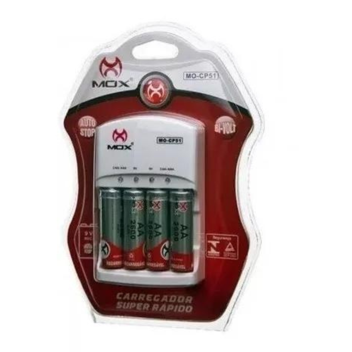 Kit 4 pilhas AA 2600 mah + Carregador Auto Stop Mox - atacadãodaspilhas