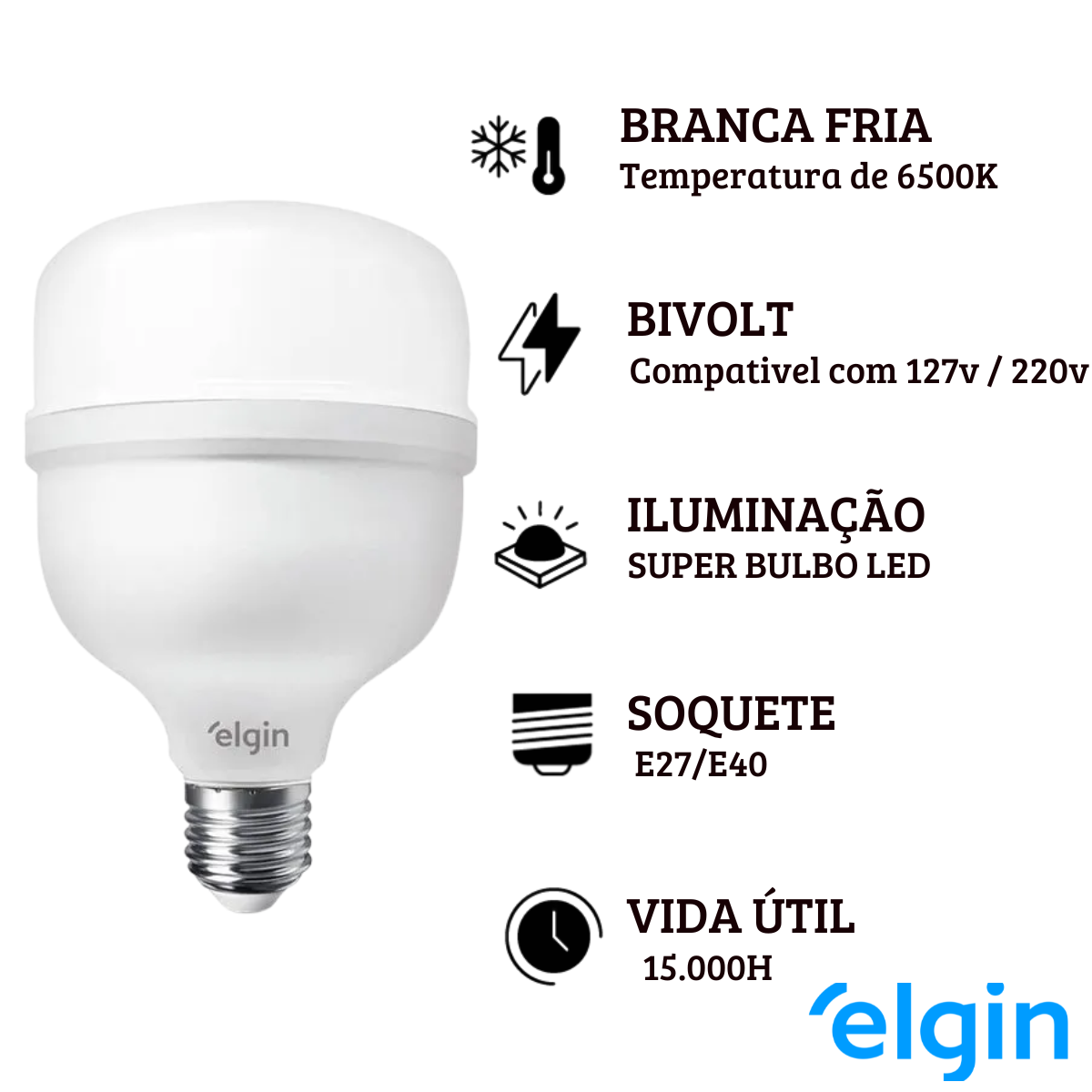 Lâmpada LED Bulbo 100W Branca Fria E27/E40 6500K Bivolt Elgin ...