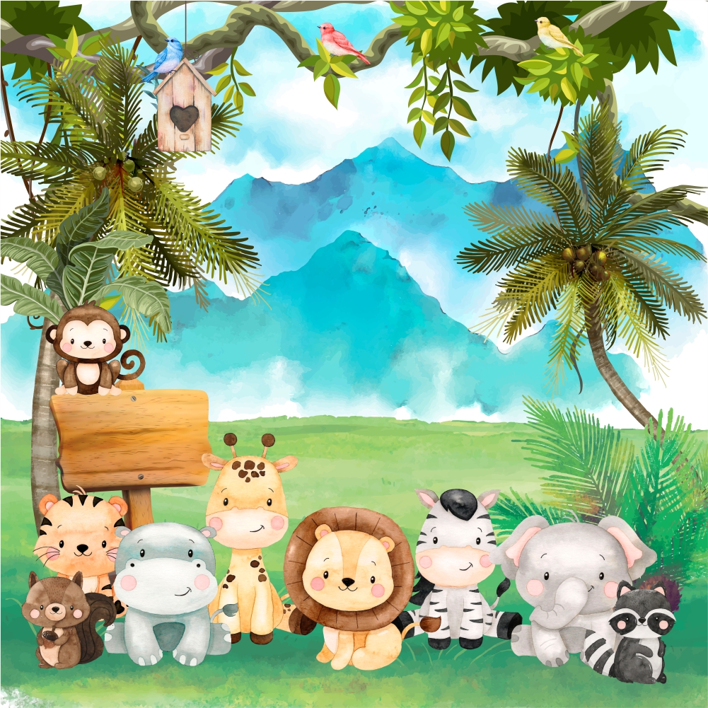 Safari infantil com animais na grama e montanha azul ao fundo - Aw Arte ...