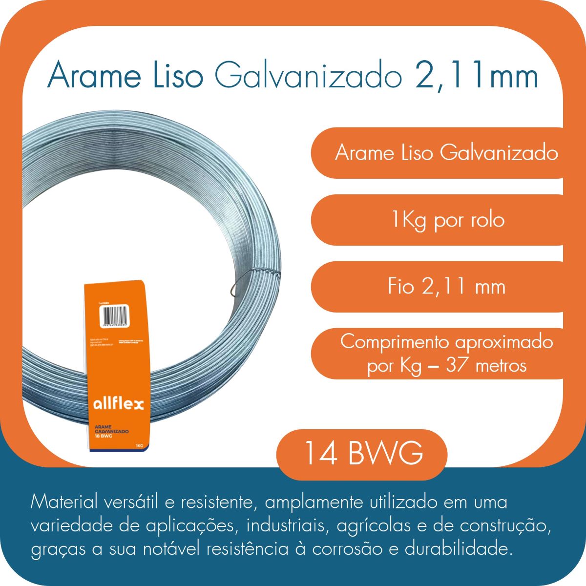 Kit 10kg Arame Galvanizado BWG 14 Fio 2,11mm allflex 10x1kg - LUP PLACE