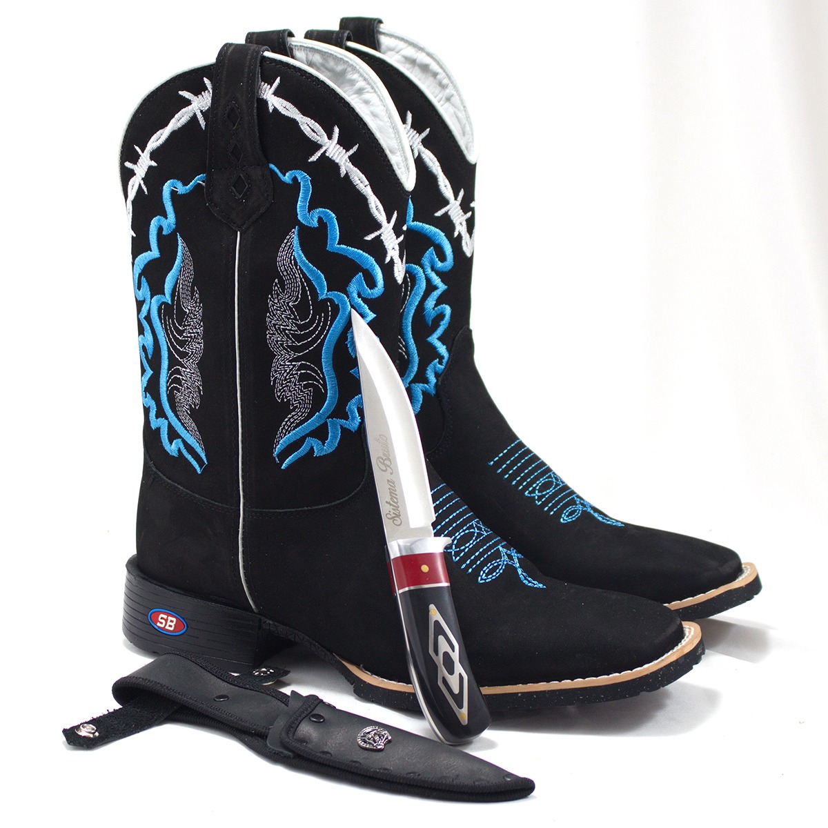 Bota Texana Preta COURO NOBUK Bordado Azul Com Bainha e Faca - Botas ...