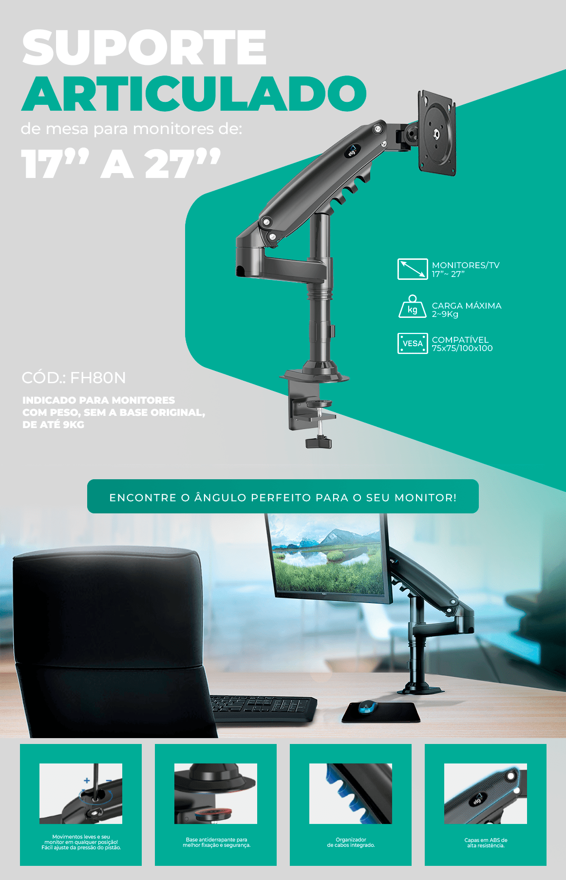 Suporte ELG Articulado de Mesa com Pistão a Gás para Monitores de 17" a ...