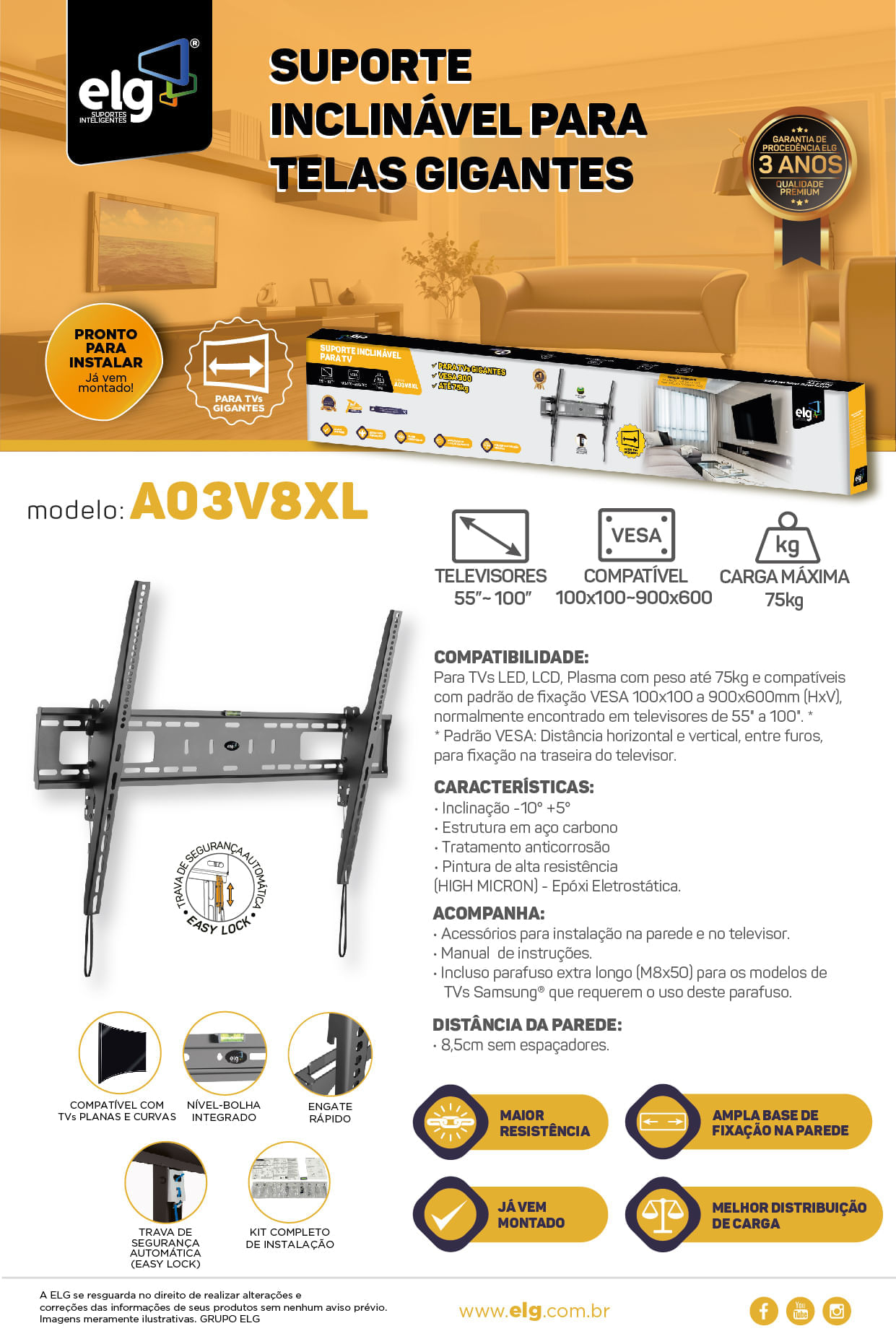 Suporte ELG Fixo Inclinável para Telas Gigantes 55" a 100" Com Trava d ...