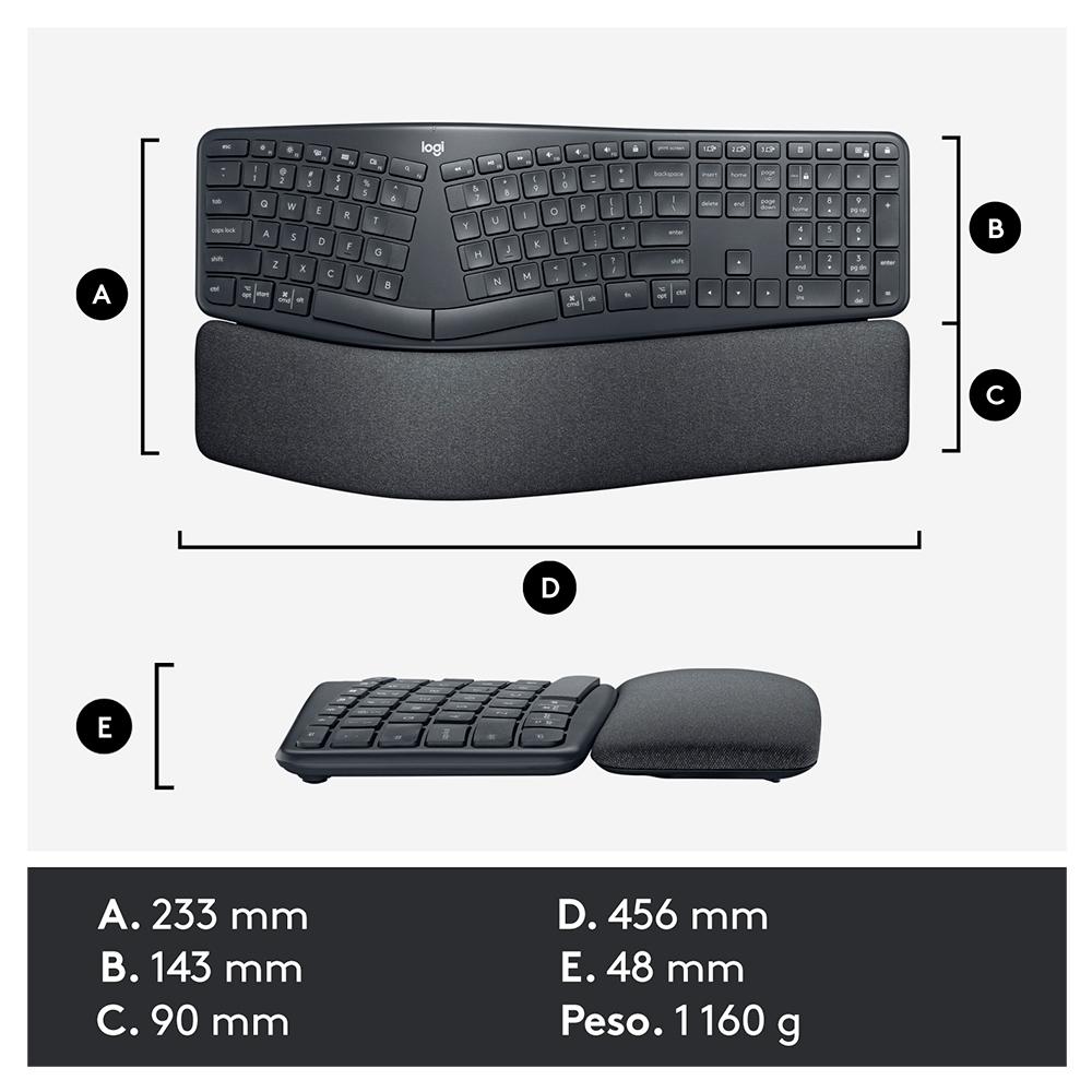 Teclado Sem fio Logitech ERGO K860 com Layout Dividido, Suporte para D ...