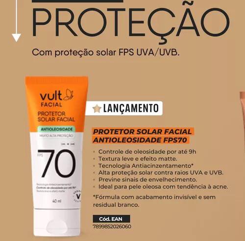 Protetor Solar Facial Antioleosidade FPS 70 Vult - Maquiare