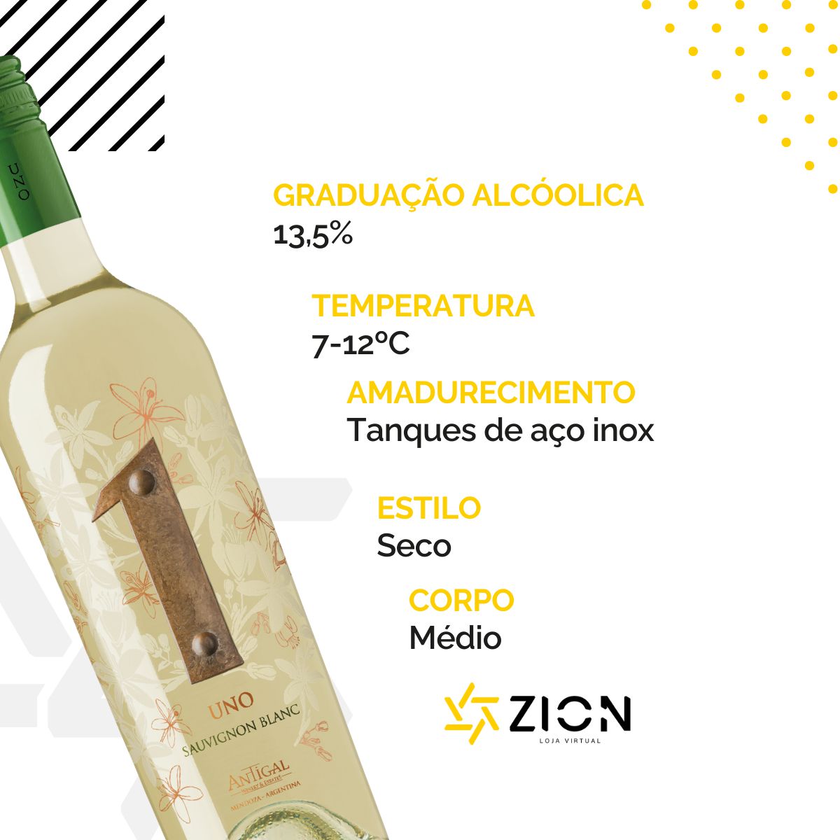 Vinho Branco Argentino Uno Sauvignon Blanc 750ml Seco - Zion Loja Virtual