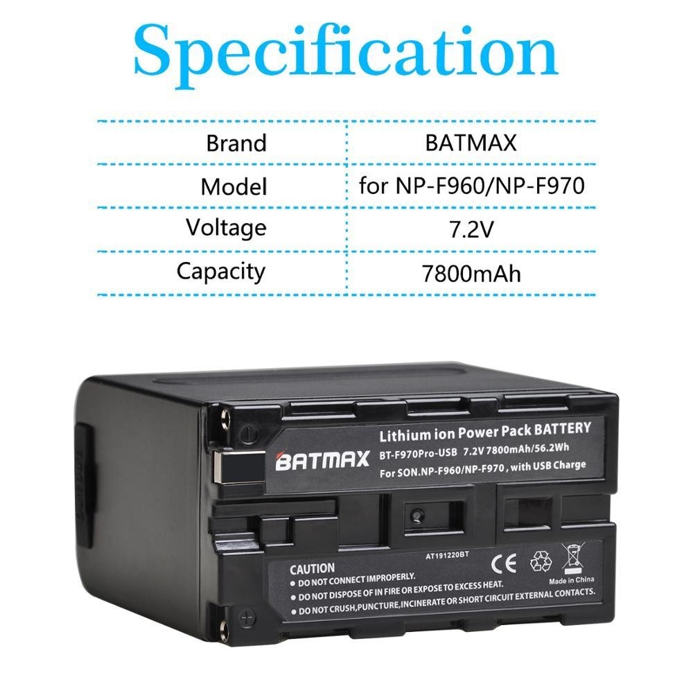 Bateria Batmax NP-F970 F960 Lithium-Ion 7.2V 7.800mAh com Portas USB - Backup Equipamentos