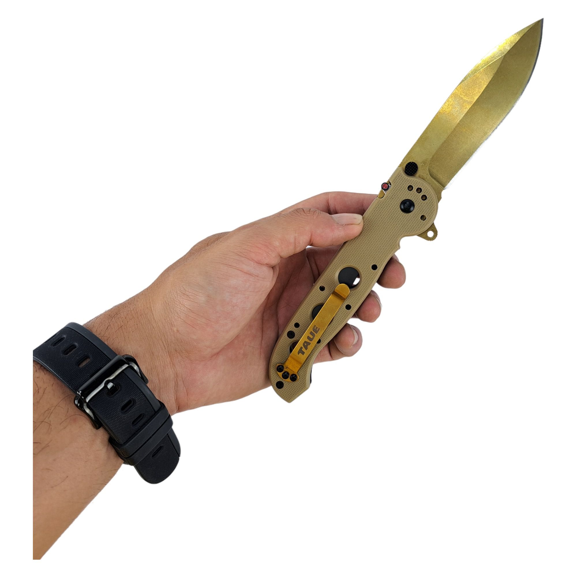 Canivete Tático semiautomático Tam Lamina Dourada Clip - Febre do Aço