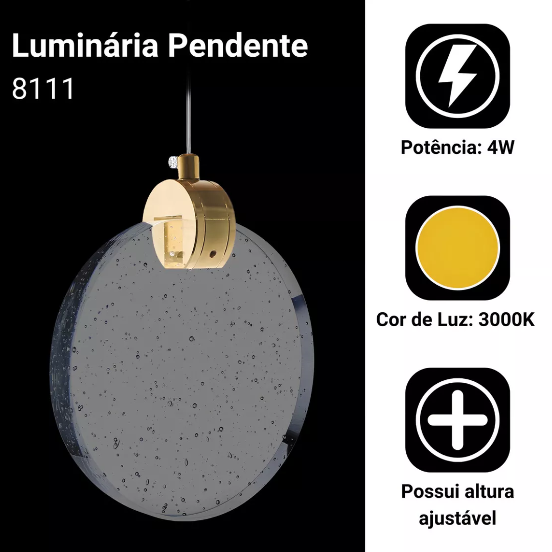 Luminária Pendente Disco Cristal C/ Bolhas Dourado Led 8111 110V/220V ...