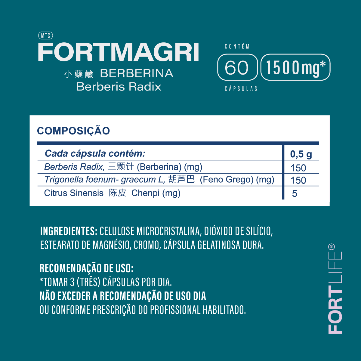 Suplemento Fortmagri Berberina 1500mg Com 60 Cápsulas FortLife | FortL ...