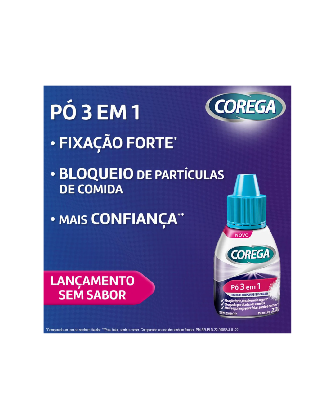 Fixador de Dentadura Corega em Pó 3 em 1 Forte Fixação Sem Sabor 22g ...