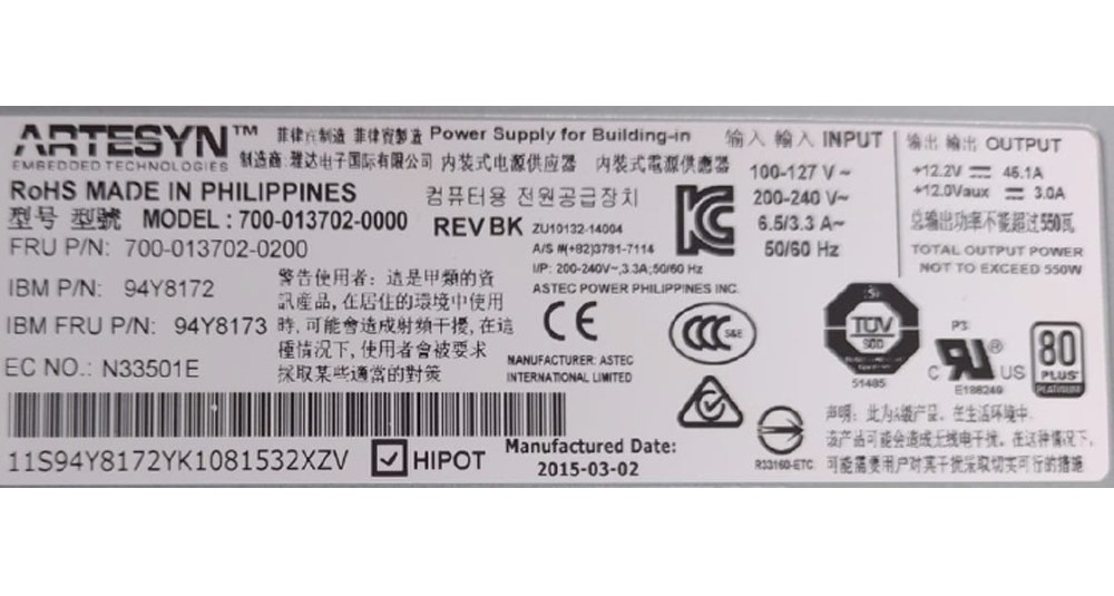 Fonte Artesyn Servidor 550w 700-013702-0000 Fru P/n 94y8173 - Seven ...