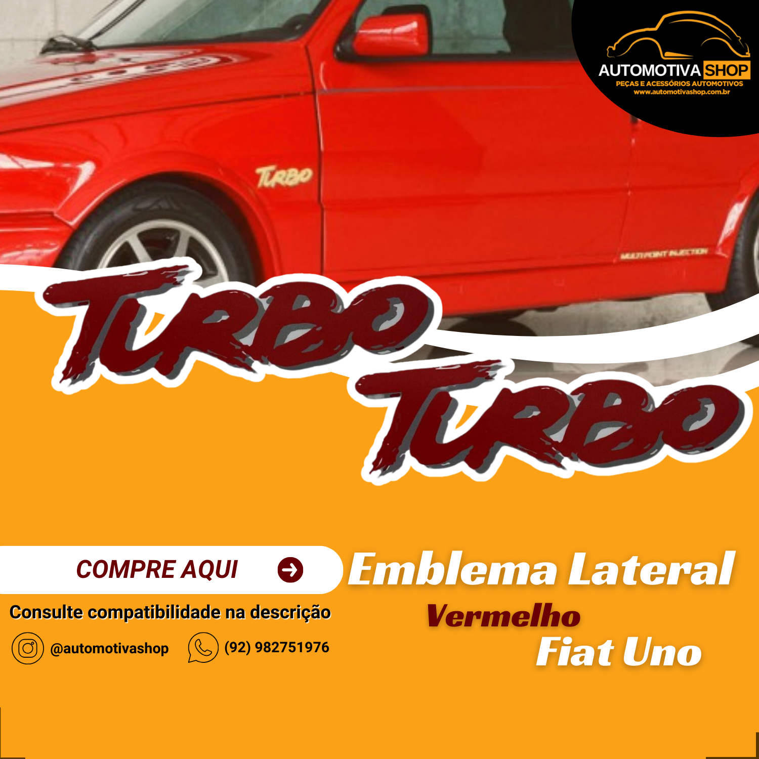 Adesivo Emblema Lateral Turbo do Fiat Uno Turbo 1,4 94 à 96-Vermelho ...