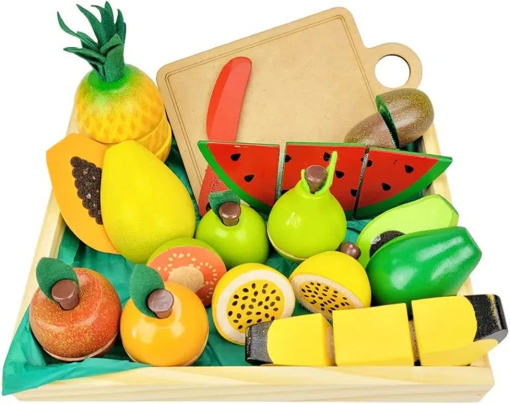 Kit Frutinhas Madeira Com Corte 11 Frutas + Faca, Caixa e Tábua Newart ...