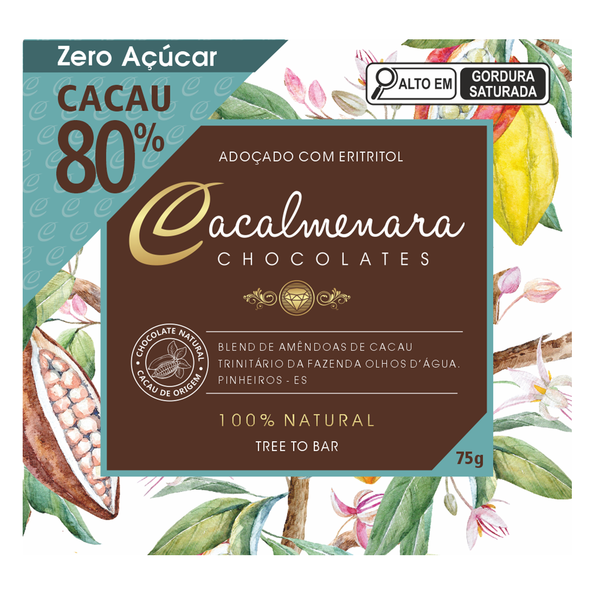 Caixa de Chocolate 80% Cacau ZERO AÇÚCAR - 75g - Cacalmenara Chocolates