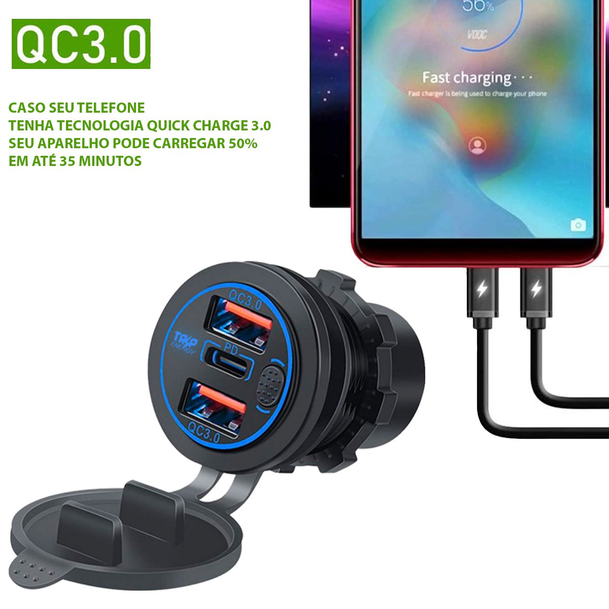 Tomada USB Tripla Veicular QC 3.0 e PD 20W 3 Saídas Base 12V e 24V Para ...