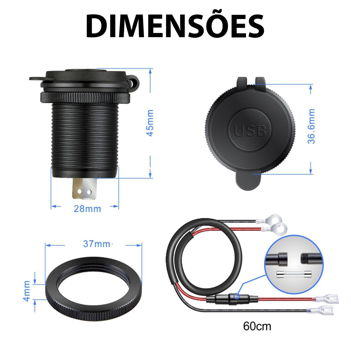 Tomada USB Tripla Veicular QC 3.0 e PD 20W 3 Saídas Base 12V e 24V Para ...