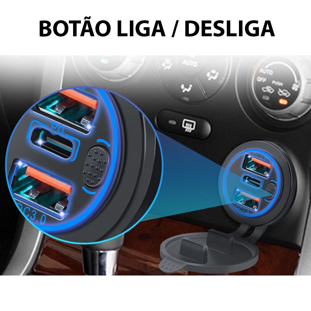 Tomada USB Tripla Veicular QC 3.0 e PD 20W 3 Saídas Base 12V e 24V Para ...