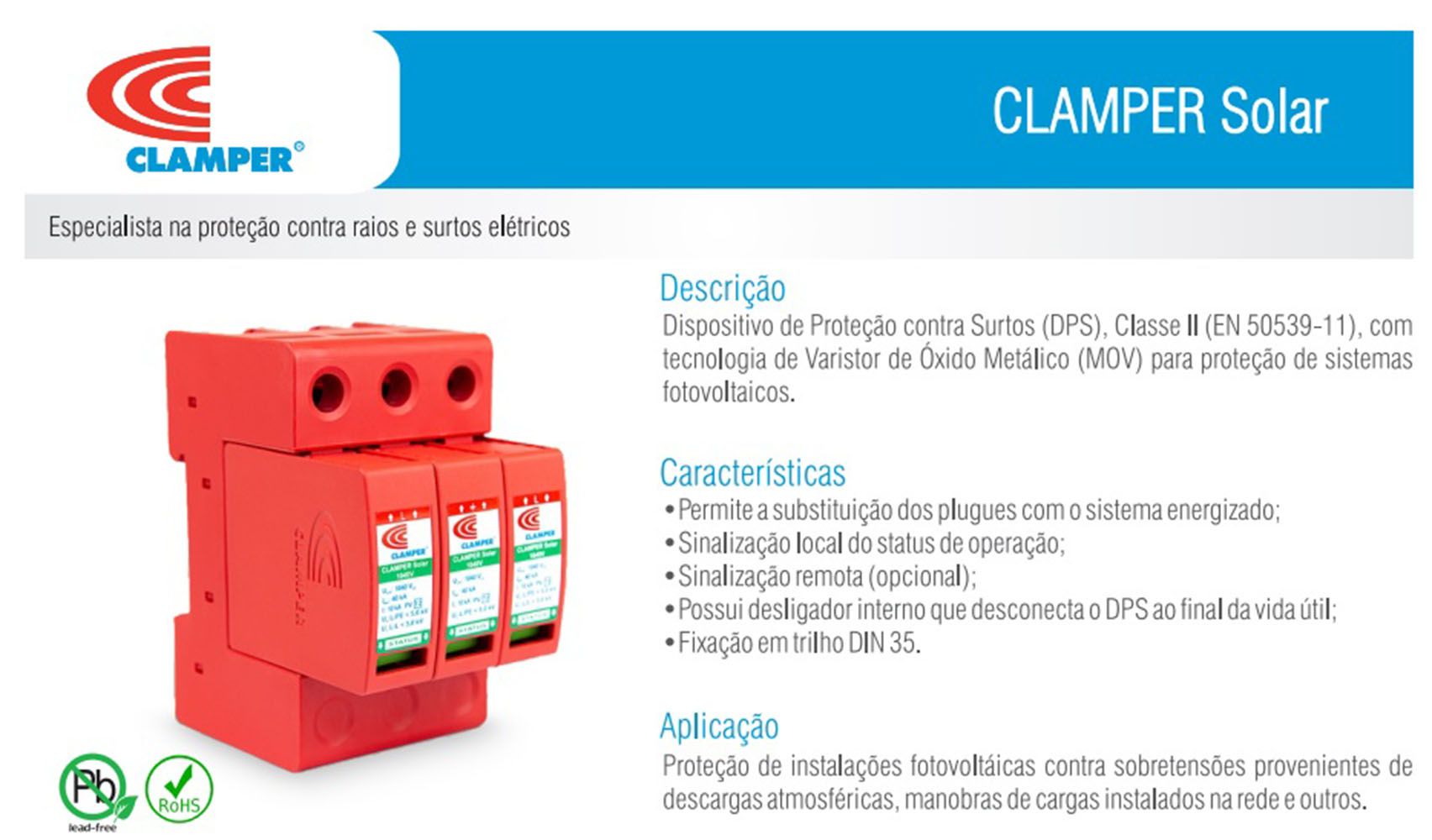 Protetor Surto Dps Solar Clamper A.Raio 40ka 600v 3 Pólos - A Instaladora
