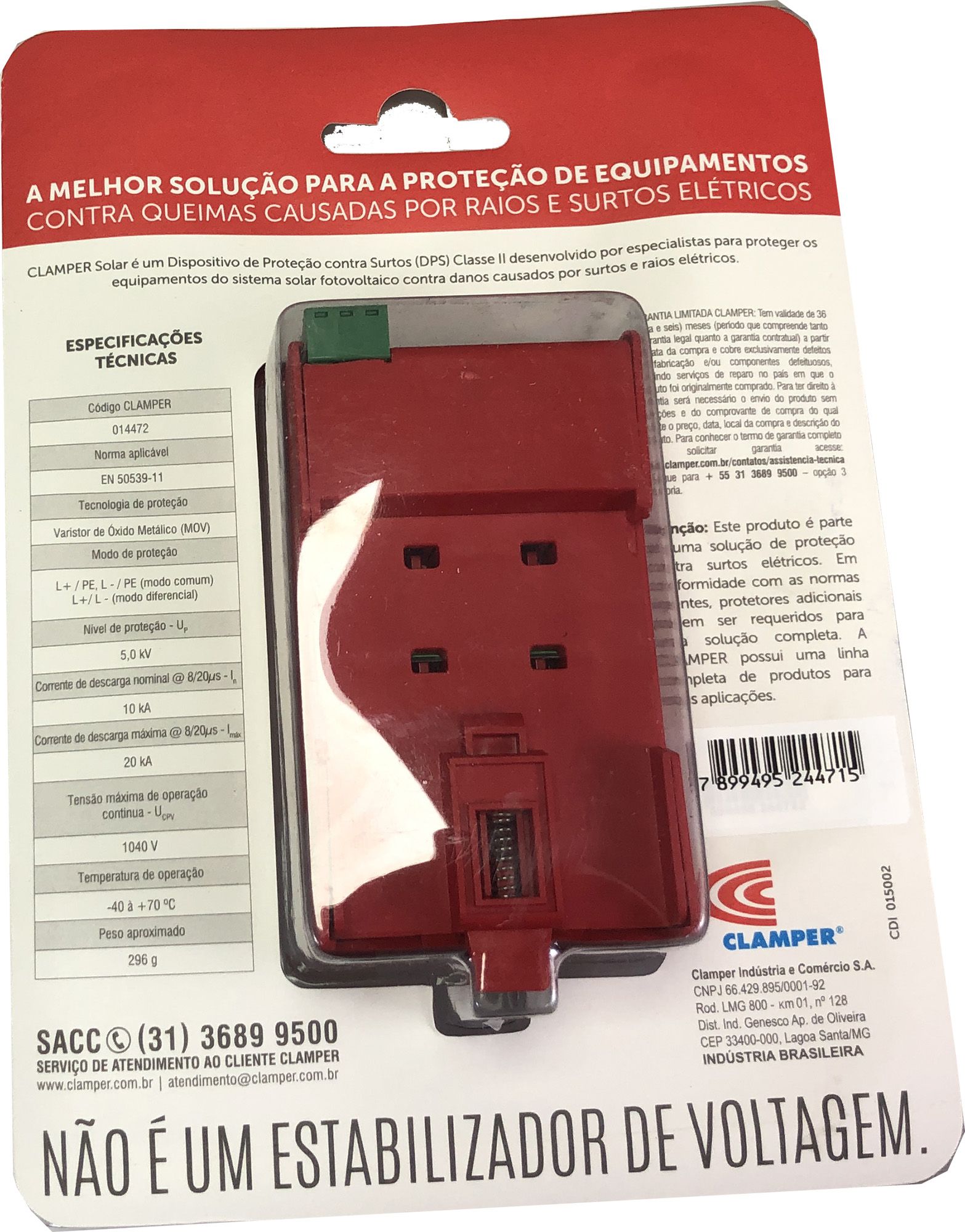 Protetor Surto Dps Solar Clamper A.Raio 40ka 600v 3 P S/rem - A Instaladora