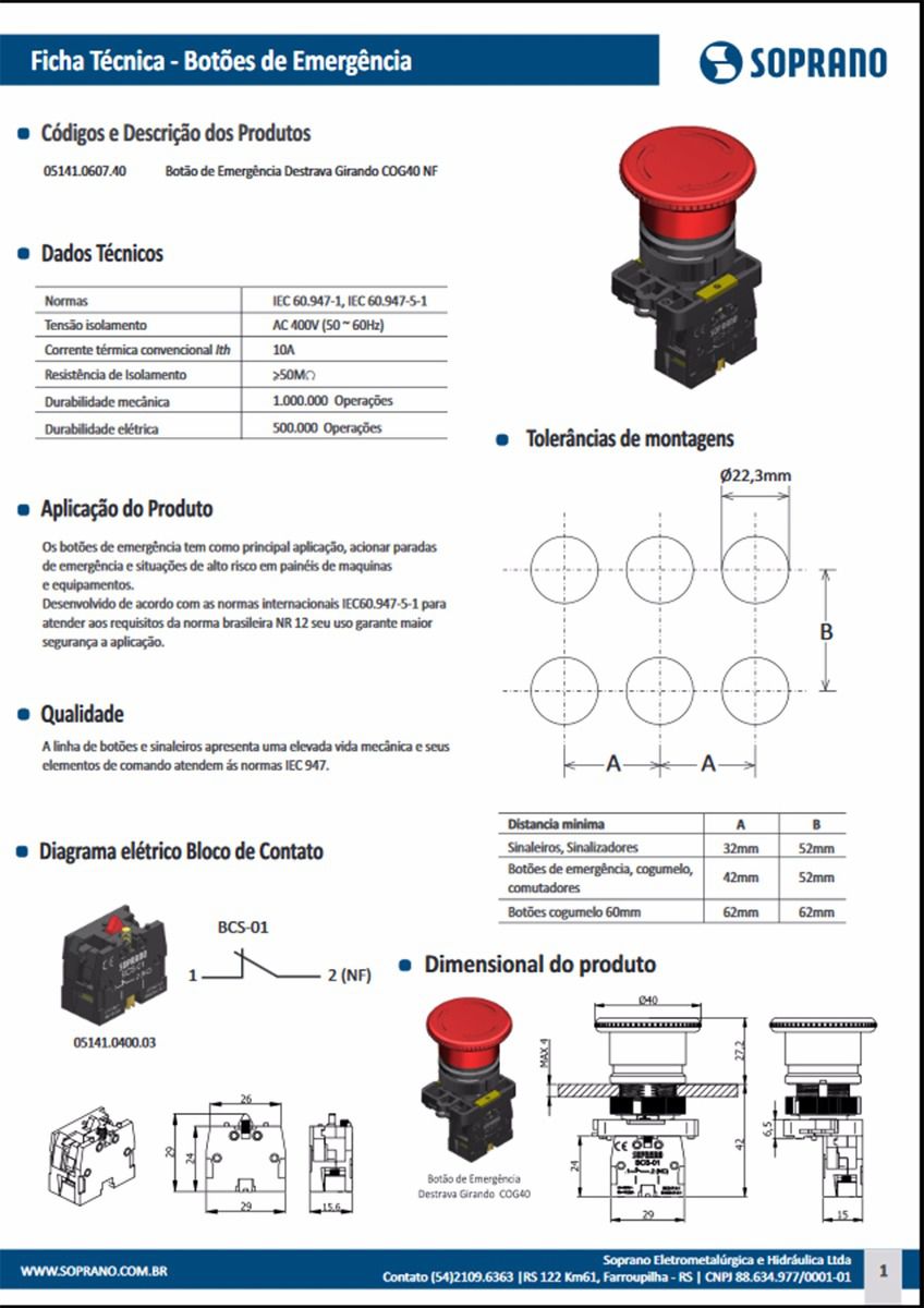 Botoeira De Emergência Soprano Cogumelo 40mm Com Plaqueta - A Instaladora