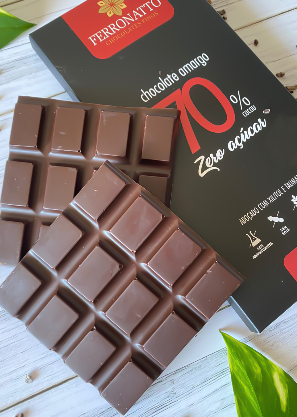 Barra de Chocolate Amargo 70% Cacau Zero Açúcar 90g - Ferronatto Chocolates