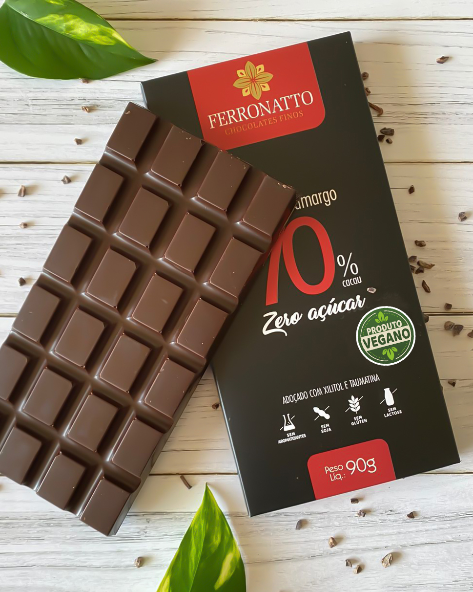 Barra de Chocolate Amargo 70% Cacau Zero Açúcar 90g - Ferronatto Chocolates