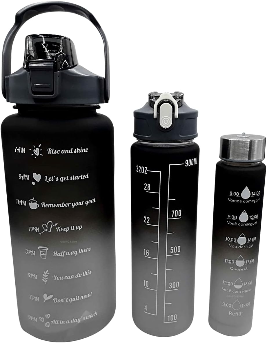 Kit 3 Garrafas Motivacionais para Água Squeeze Galão 2 Litros, 900ml e 300ml Academia Colorida ...