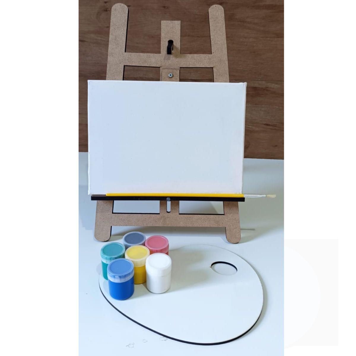 Kit Pintura Mini Cavalete Tripé Madeira MDF Cru, Tela, Pincel, 6 Tintas ...