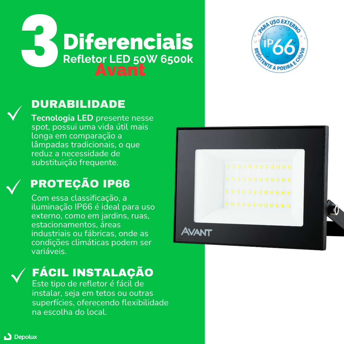 Refletor Led Avant 50W Slim 6500K Preto Externo Bivolt - Depolux