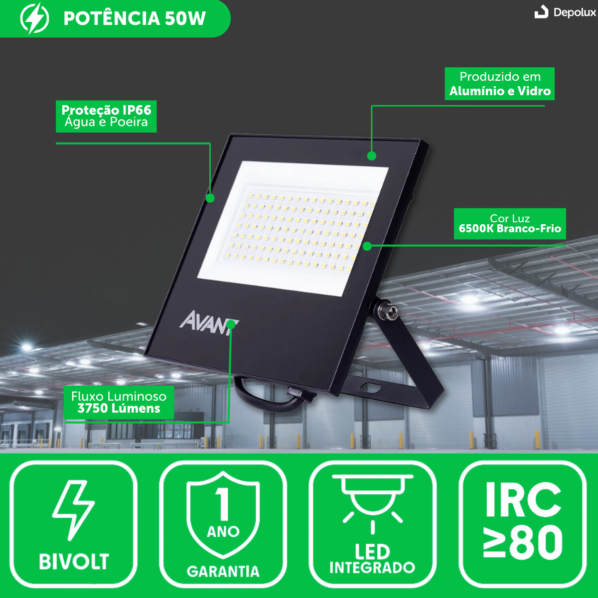 Refletor Led Avant 50W Slim 6500K Preto Externo Bivolt - Depolux