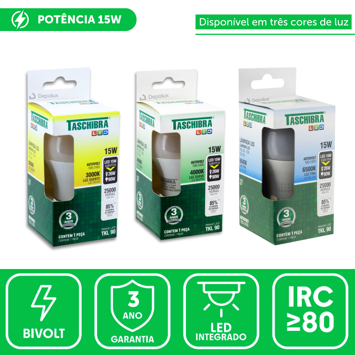 Lâmpada Led 15W Taschibra TKL90 Bivolt Soquete E27 - Depolux