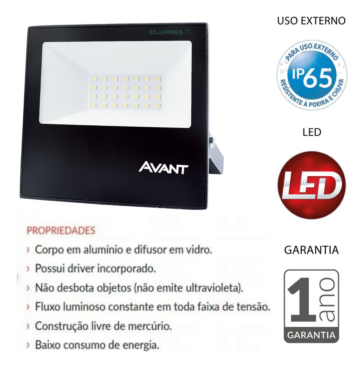 Refletor Led Avant 30W Slim Externo 6500K Preto Bivolt - Depolux