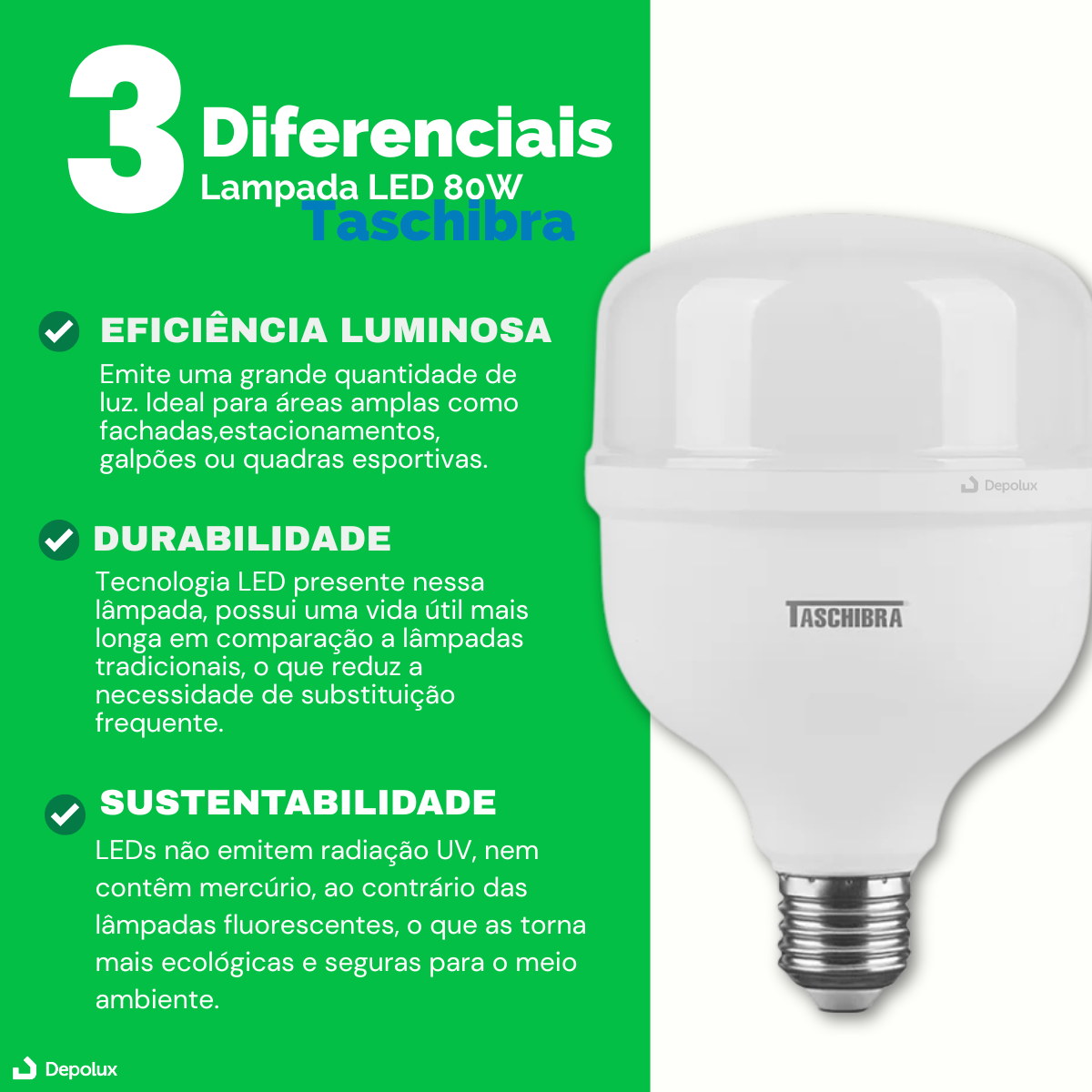 Lâmpada Led 80w Tkl 440 6500K Soquete E27 Taschibra - Depolux