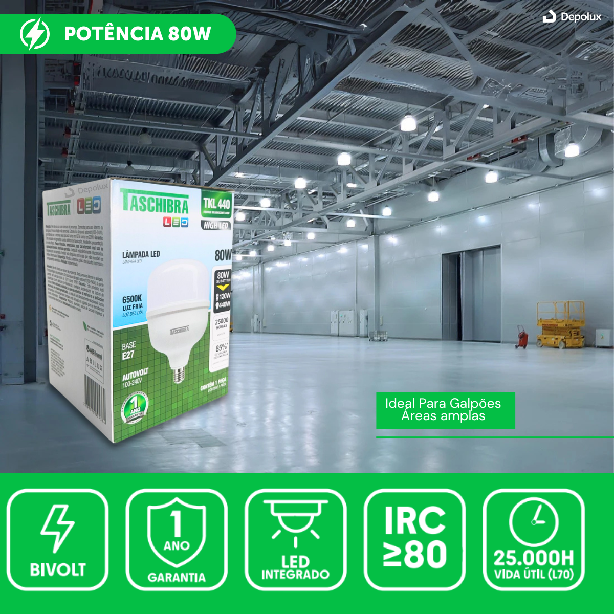 Lâmpada Led 80w Tkl 440 6500K Soquete E27 Taschibra - Depolux
