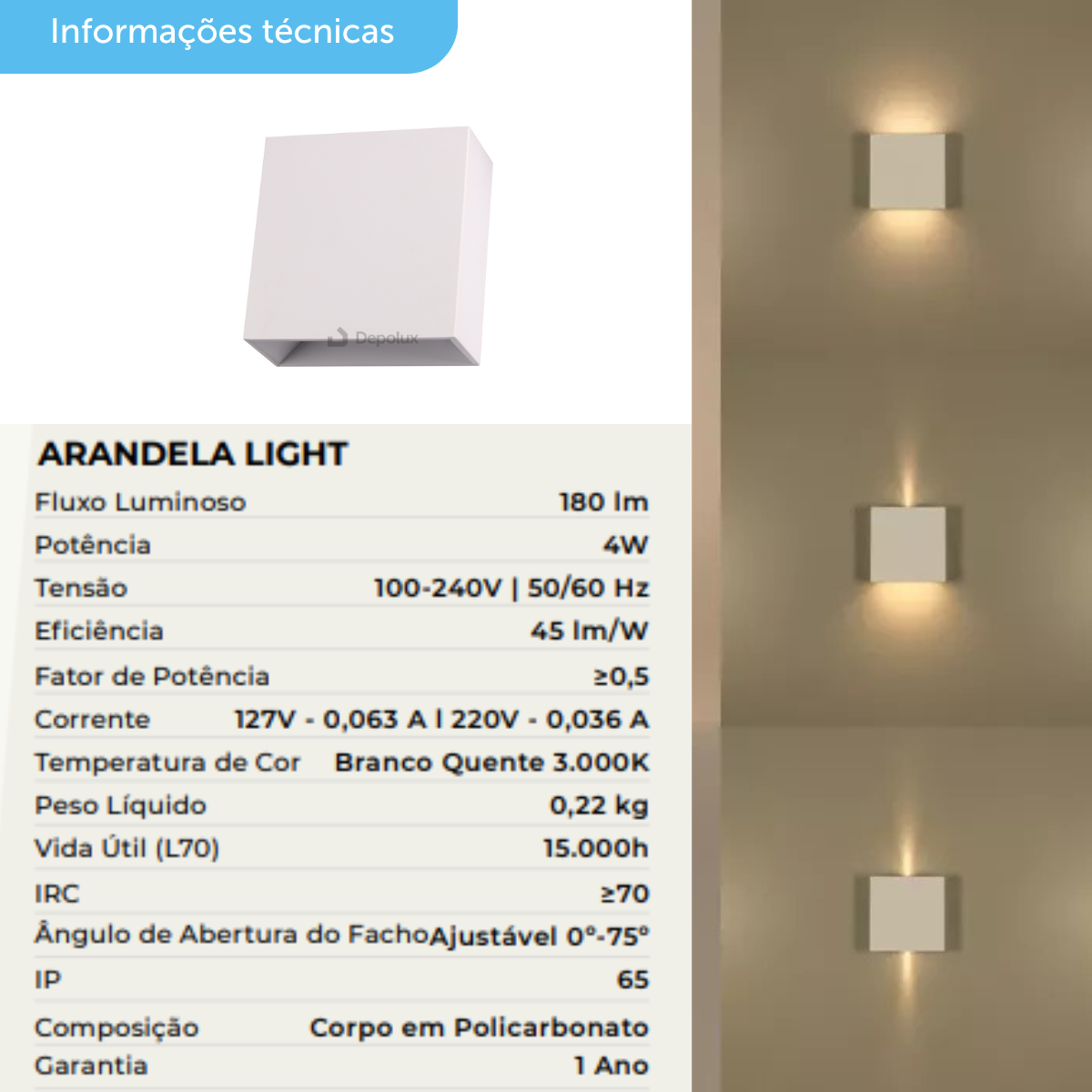 Arandela Led Externa 2 Fachos Light 4w 3000k Ip65 Germany - Depolux