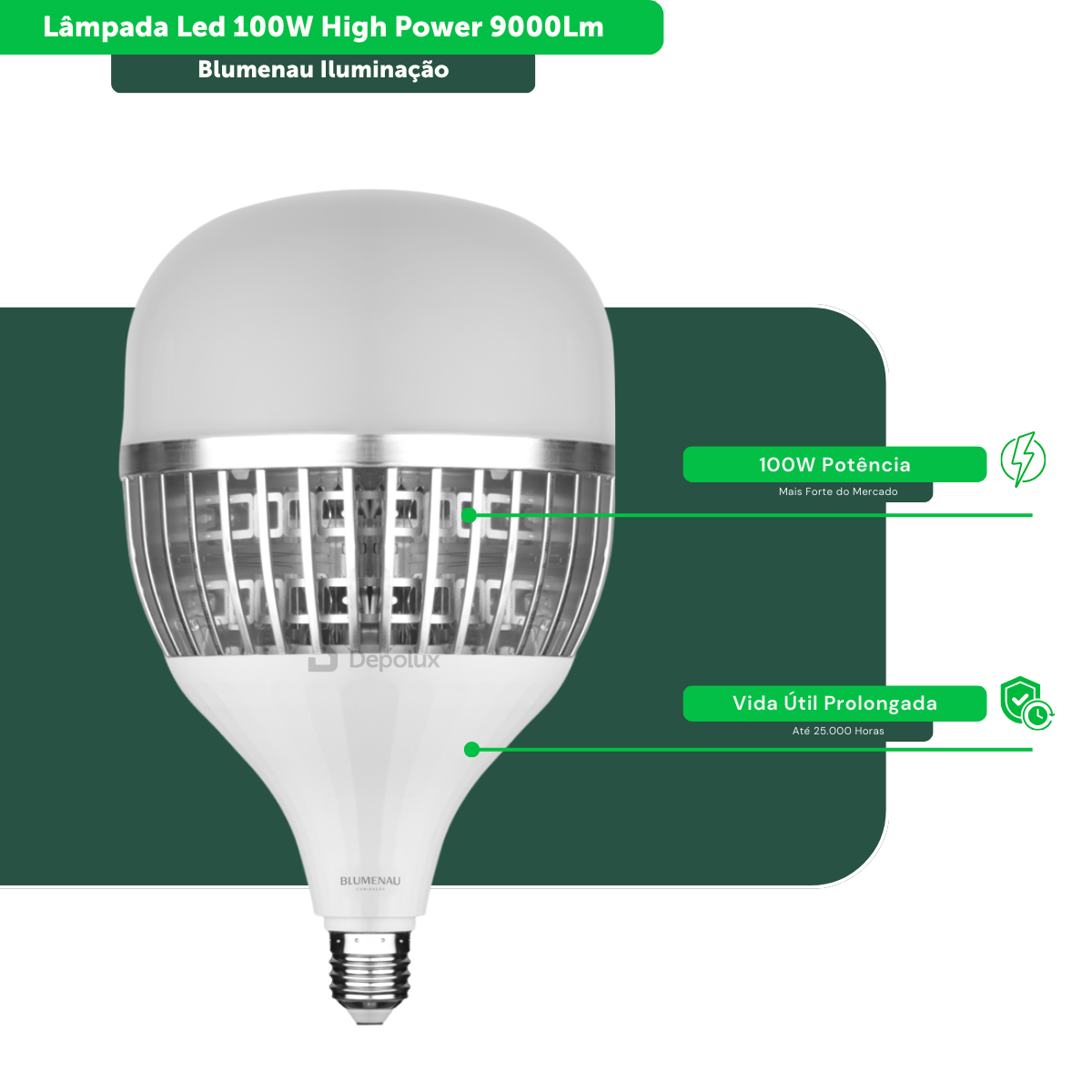 Lâmpada Led 100w High Power 9000lm E27 Luz Fria 6500k Blumenau - Depolux