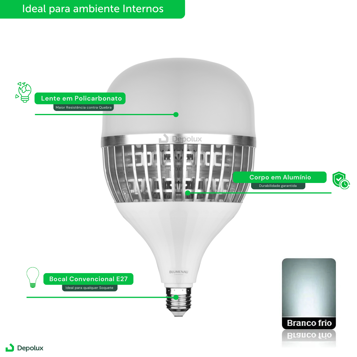 Lâmpada Led 100w High Power 9000lm E27 Luz Fria 6500k Blumenau - Depolux